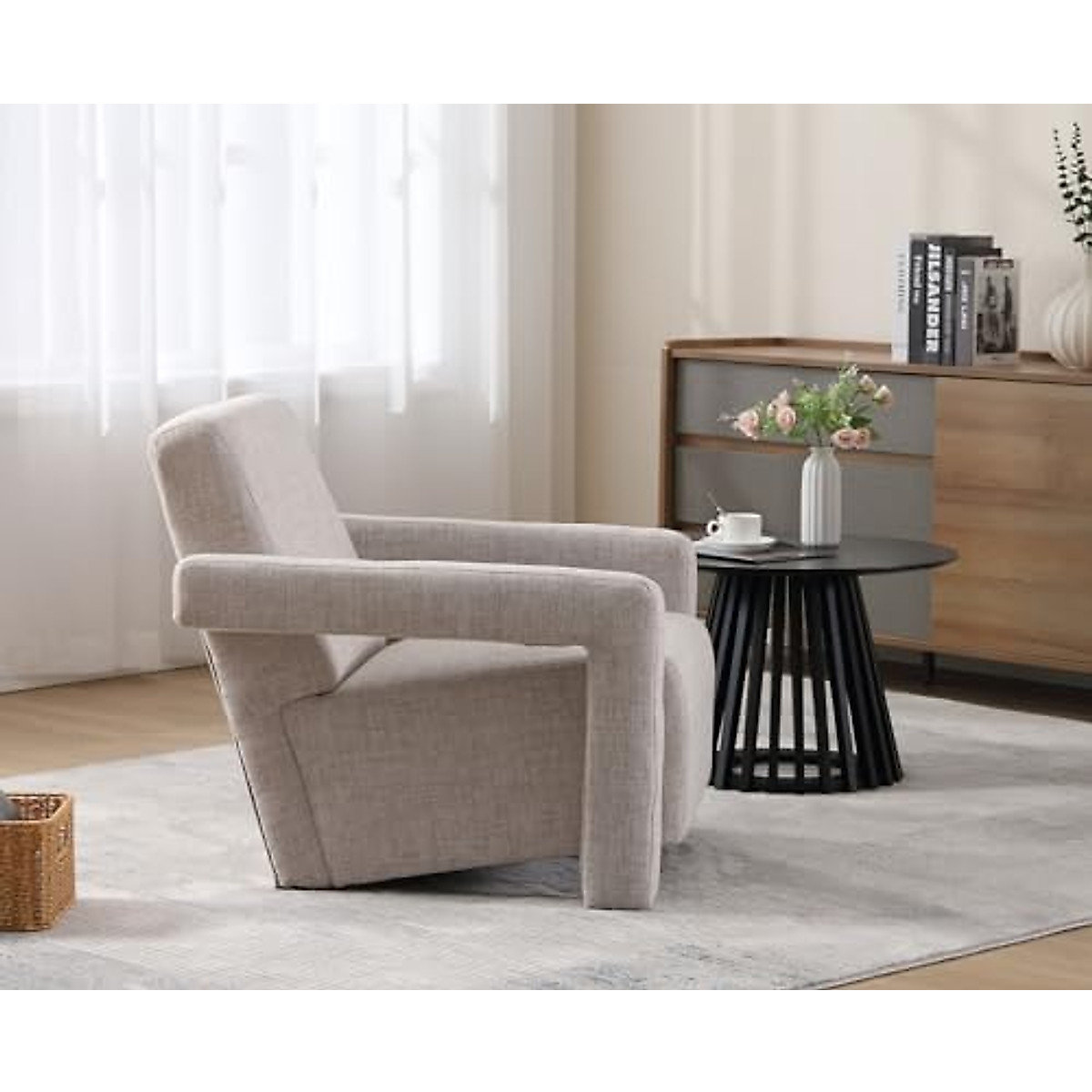 Kmax Modern Accent Chair Linen Fabric Leisure Chair Comfy Single Sofa Reading Chair with Hollow Arms for Living Room, Bedroom, Apartment, Club, Beige