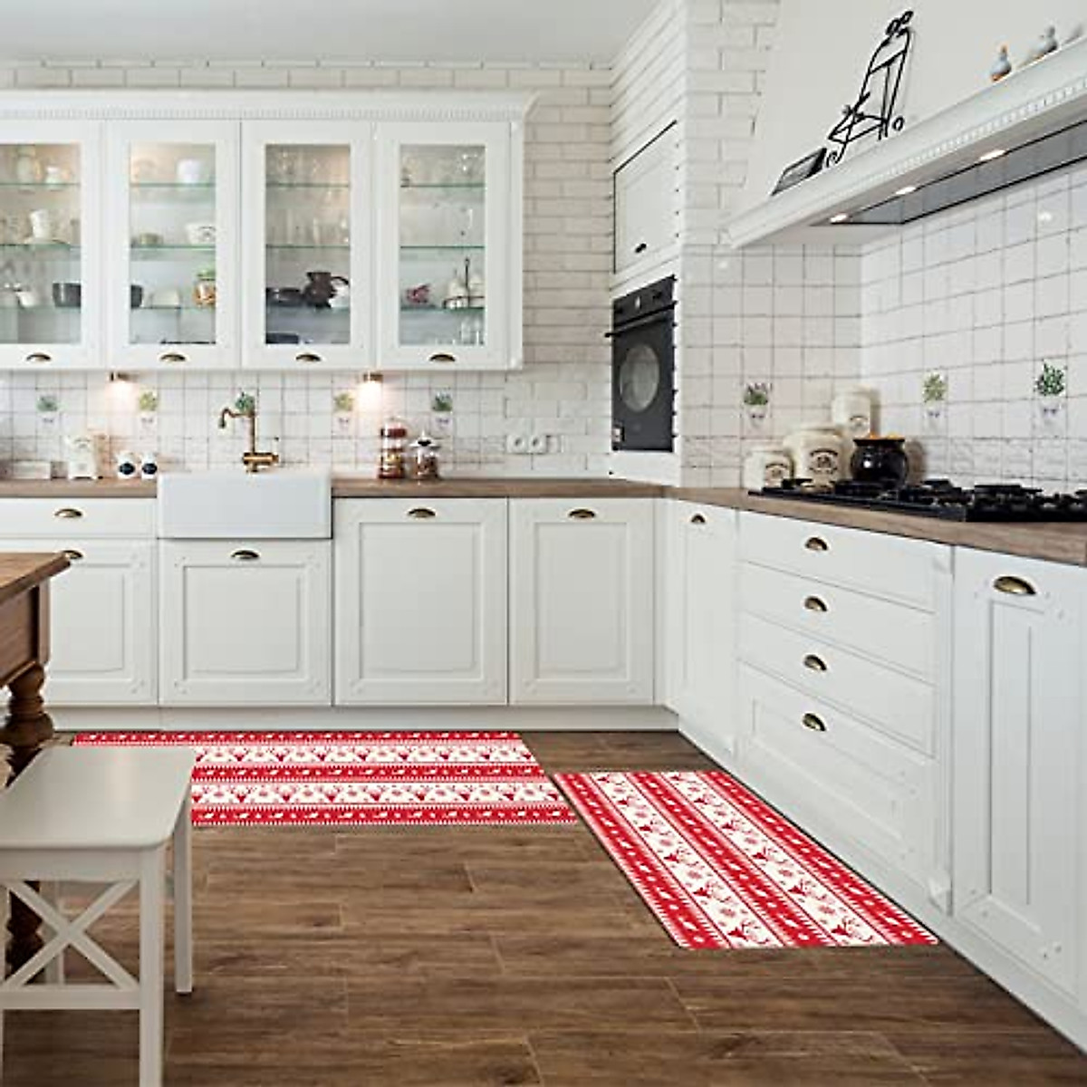 Libaoge Kitchen Mat Rug Set of 2 Christmas Elk Snowflake Xmas Tree Red Stripe Runner Rug Anti-Fatigue Comfort Memory Foam Standing Mat Non-Slip Floor Door Mat for Bathroom Bedroom 18x30in+18x60in