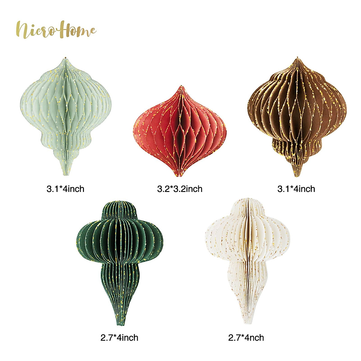 NICROHOME Christmas Party Decorations - 5 PCS 3D Mini Glitter Edge Paper Honeycomb Ornament, Green, Red, Brown Hanging Ornament for Christmas Tree Decorations, New Years Eve Party