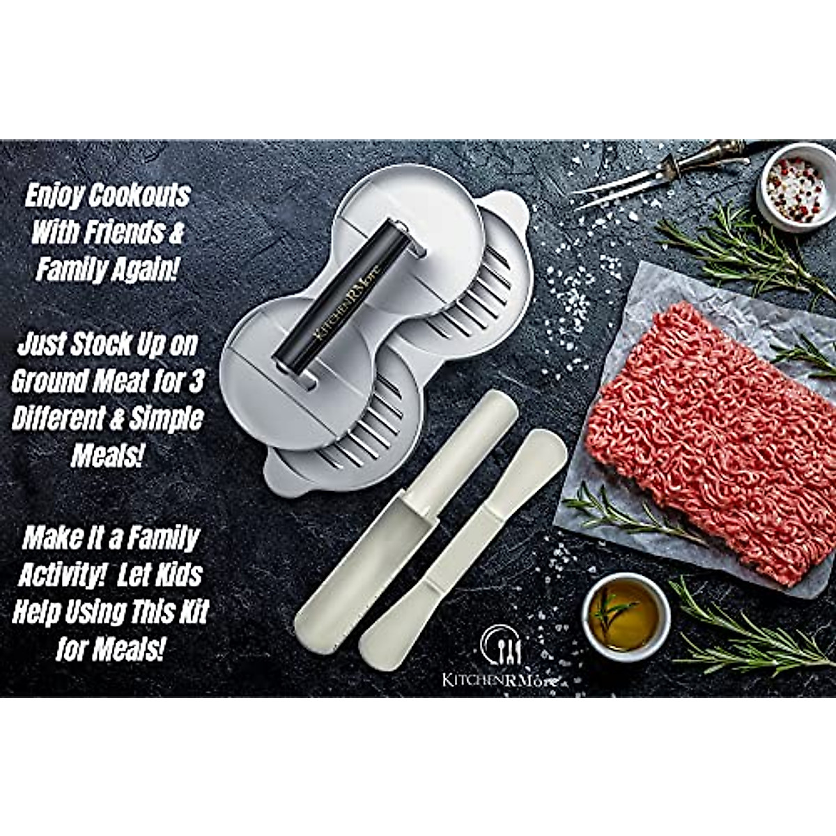 Kitchen RMore Double Burger Press + Kabob Maker + Meatball Shaper + 40 Patty Paper + Recipe EBook | Non-Stick Aluminum Hamburger Press Patty Maker for Perfect Meat Patties, Beyond Burger
