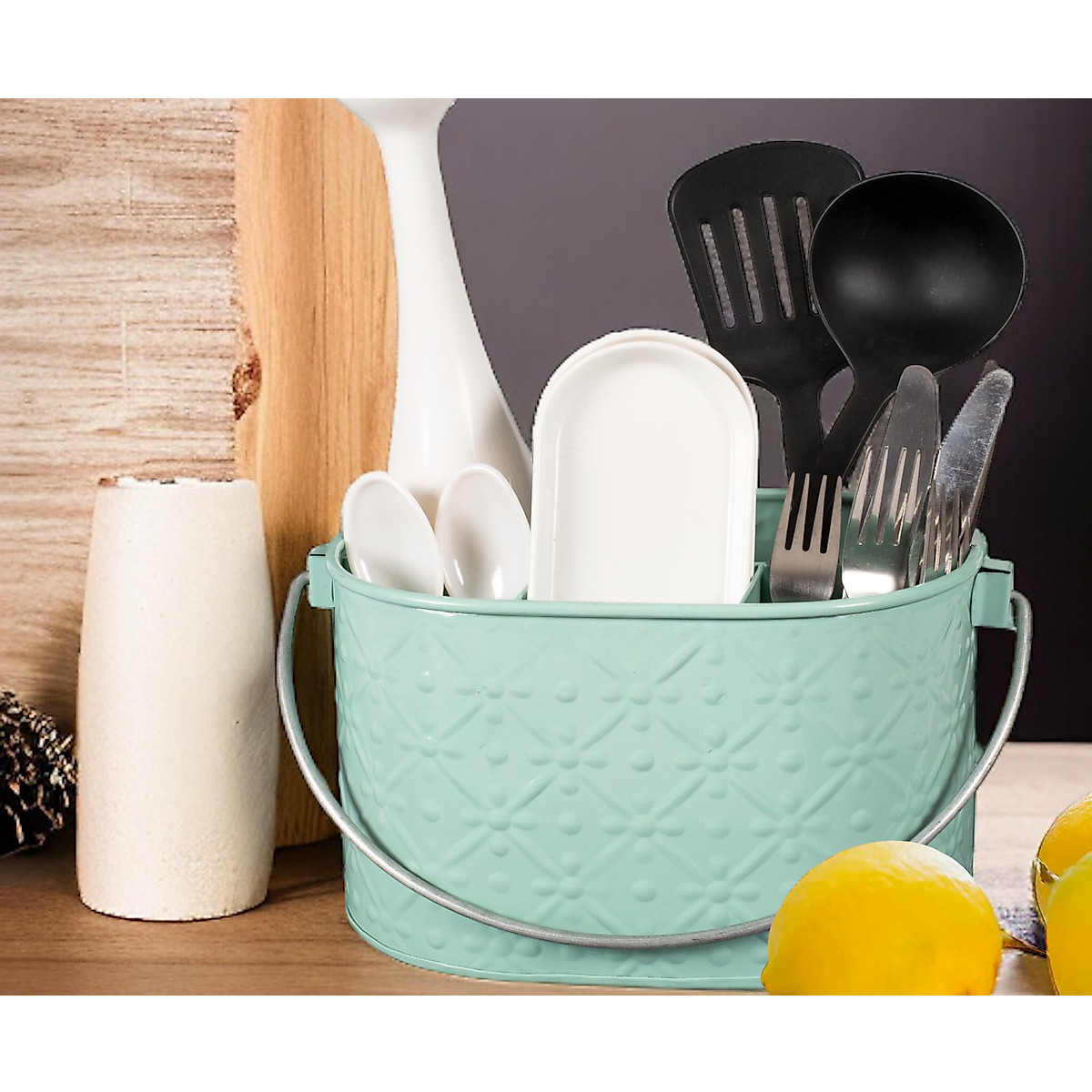 CLEENTABLE Farmhouse Chic Utensil Caddy, Green, Galvanized Steel, 10 x 6.5 x 5.5 inches, 4 Compartments, 2 lbs Capacity