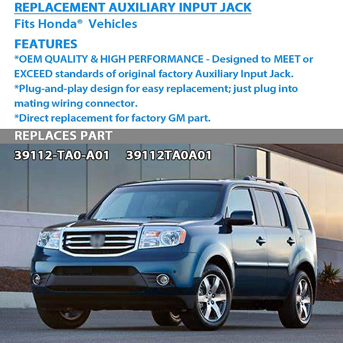 Aux Port Replacement, Auxiliary Input Jack Assembly 39112-TA0-A01 for 2009-2012 Honda Pilot, 2008-2010 Honda Accord EX, EX-L, 2011 Honda Accord LX