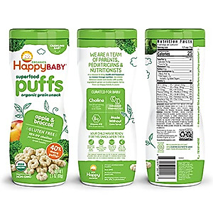 Happy Baby Organic Superfood Puffs Apple & Broccoli, 2.1 Ounce Canister Organic Baby or Toddler Snacks, Crunchy Fruit & Veggie Snack, Choline to Support Brain & Eye Health