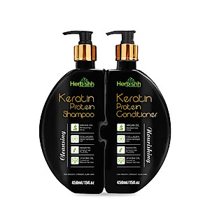 Herbishh Keratin Shampoo and Conditioner Set - Hydrating Shampoo & Nourishing Conditioner for Dry Damaged Hair - Sulfate Free - Plant Based - Set of 2
