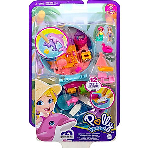 Polly Pocket Compact Playset, Dolphin Beach with Micro Polly, Mermaid Doll & Accessories, Travel Toys with Surprise Reveals
