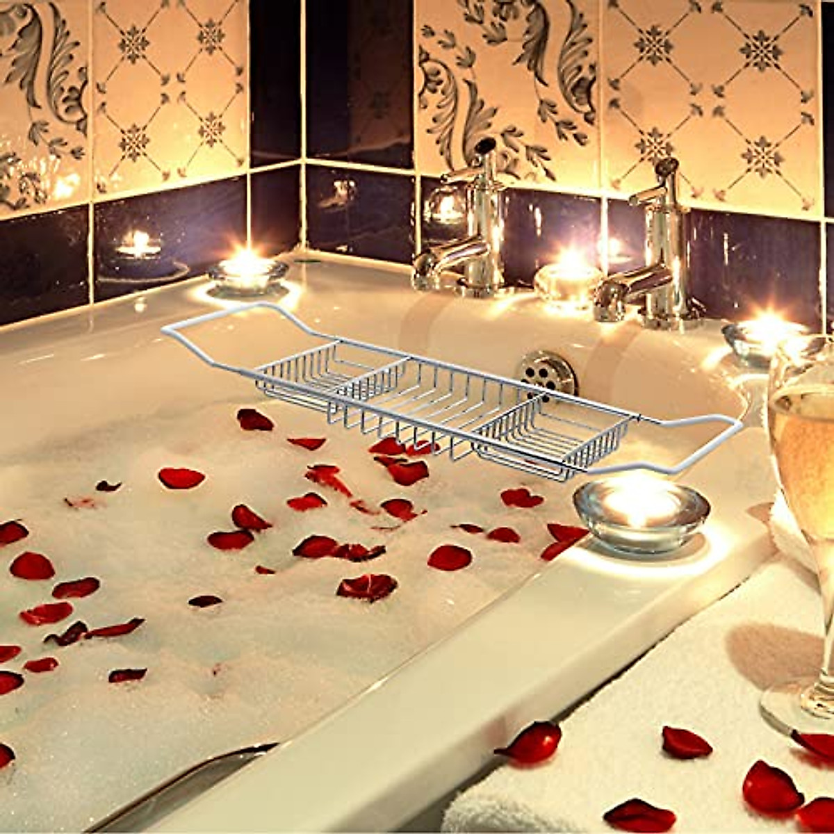 jojofuny Bathtub Caddy Tray Stainless Steel Bath Tub Shelf Non- slip Bath Tray Glass Cup Book Phone Soap Holder Bathroom Storage Organizer For Home SPA Silver