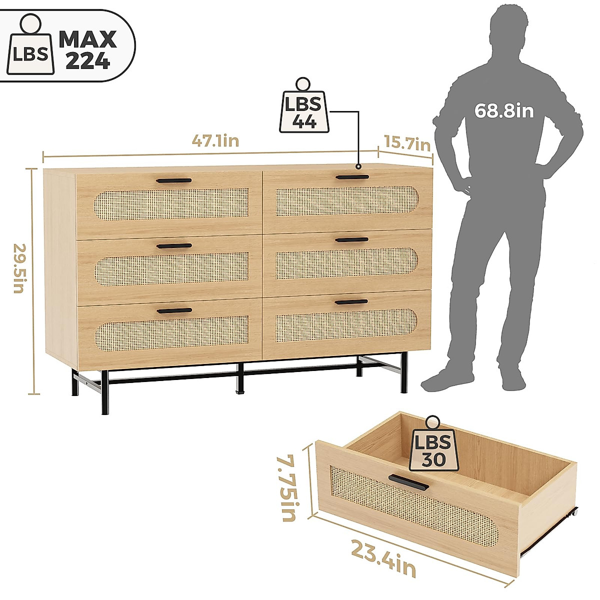 MAISONPEX 6 Drawer Dresser for Bedroom Wooden, Natural Rattan Double Dresser Chest of Drawers, Wide Wood Dressers for Nursery, Bedroom, Hallway, Living Room