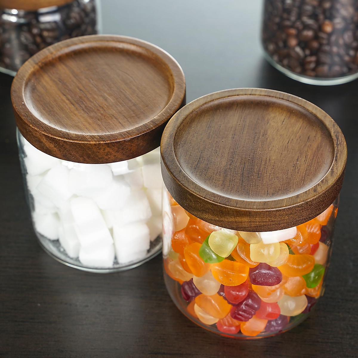 Yeahey Glass storage jars with wooden lids, food storage jars, glass kitchen jars, transparent containers for coffee bean storage, biscuit/candy/spice/tea/Pasta/Nuts storage jars (15oz*2)