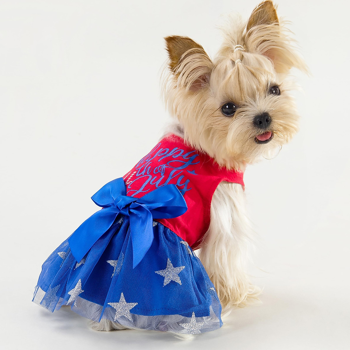 Fitwarm Happy 4th of July Dog Tulle Dress, Patriotic Dog Clothes for Small Dogs Girl, Red and White Star Pet Outfit, Red, Royal Blue, Large