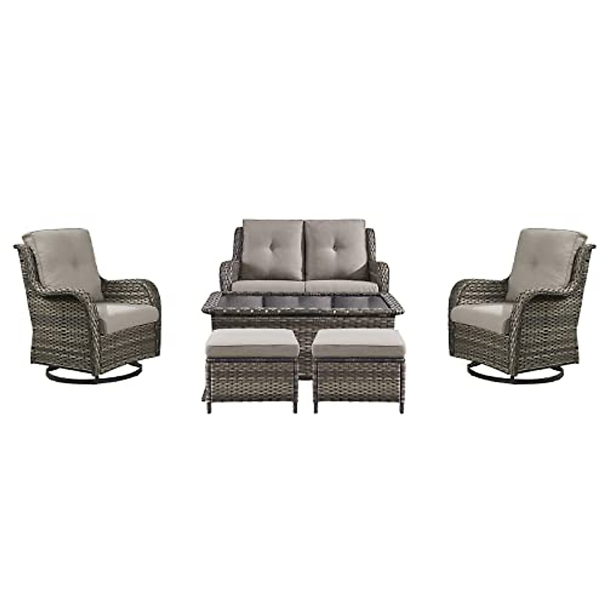 Rilyson 6PC Patio Furniture Set - Rattan Wicker Outdoor Sectional Conversation Sets with 2 Swivel Rocking Chairs,2 Ottomans,1 Loveseat and 1 Coffee Table for Porch Deck Garden(Mixed Grey/Grey)