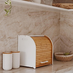 Homefully Co Bamboo Bread Box for Kitchen Countertop, Double Layer Extra Large Bread Box, Roll Top Bread Box White for Kitchen Storage and Decor Farmhouse and Modern 2 Layer Wooden Bread Bin