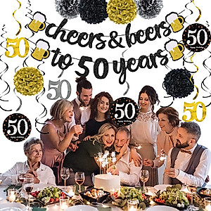 50th Birthday Decorations Kit for Men Women, Cheers to 50 Years Banner with Pom Poms Flowers, 50th Sparkling Hanging Swirl Decorations for 50th Birthday Wedding Party Supplies Decorations