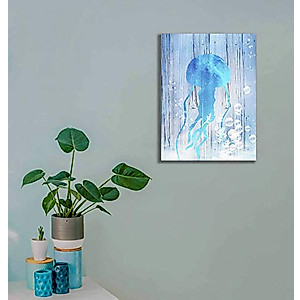 USIXA Mermaid Wall Decor for Bathroom and Girls Room with Set of 2 Panels, Blue Jellyfish Canvas Artwork 12x16 Inches in Wooden Frame