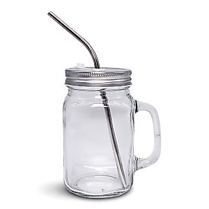 Home Suave 20oz Mason Jar Mug with Handle, Regular Mouth, Lid with Reusable Stainless Steel Straw, Silver, Kitchen Glass 20 oz Jars, Dishwasher Safe