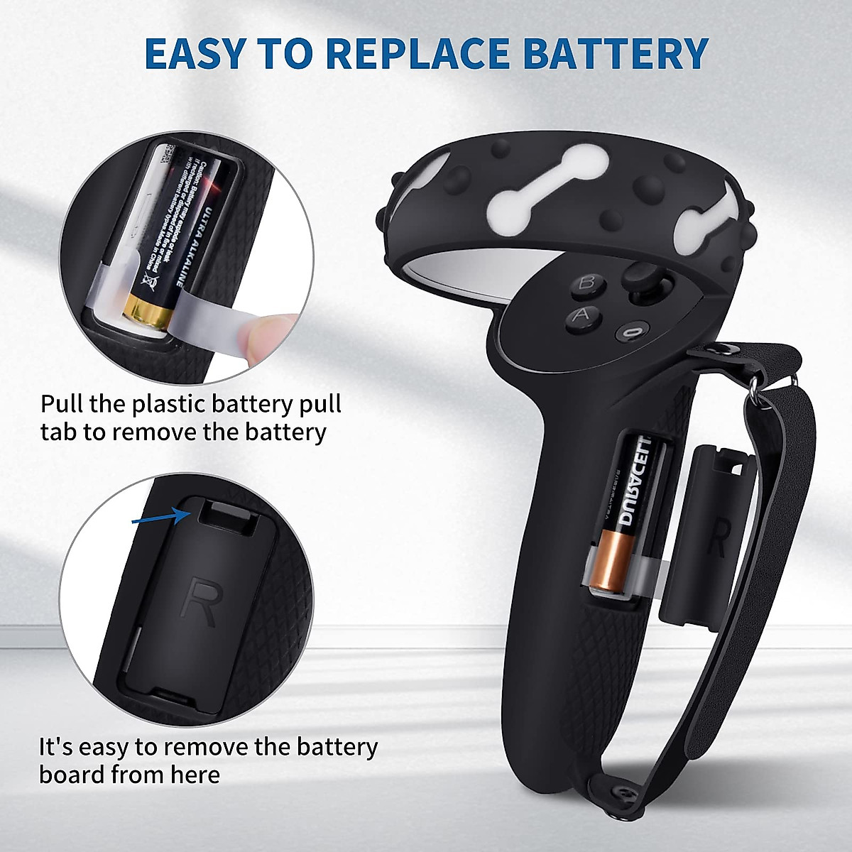 Controller Grips for Oculus Quest 2, Extended Silicone VR Grips Cover Protector with Battery Opening, Knuckle Straps, Anti-Throw Hand Strap for Meta Quest 2 Accessories Black