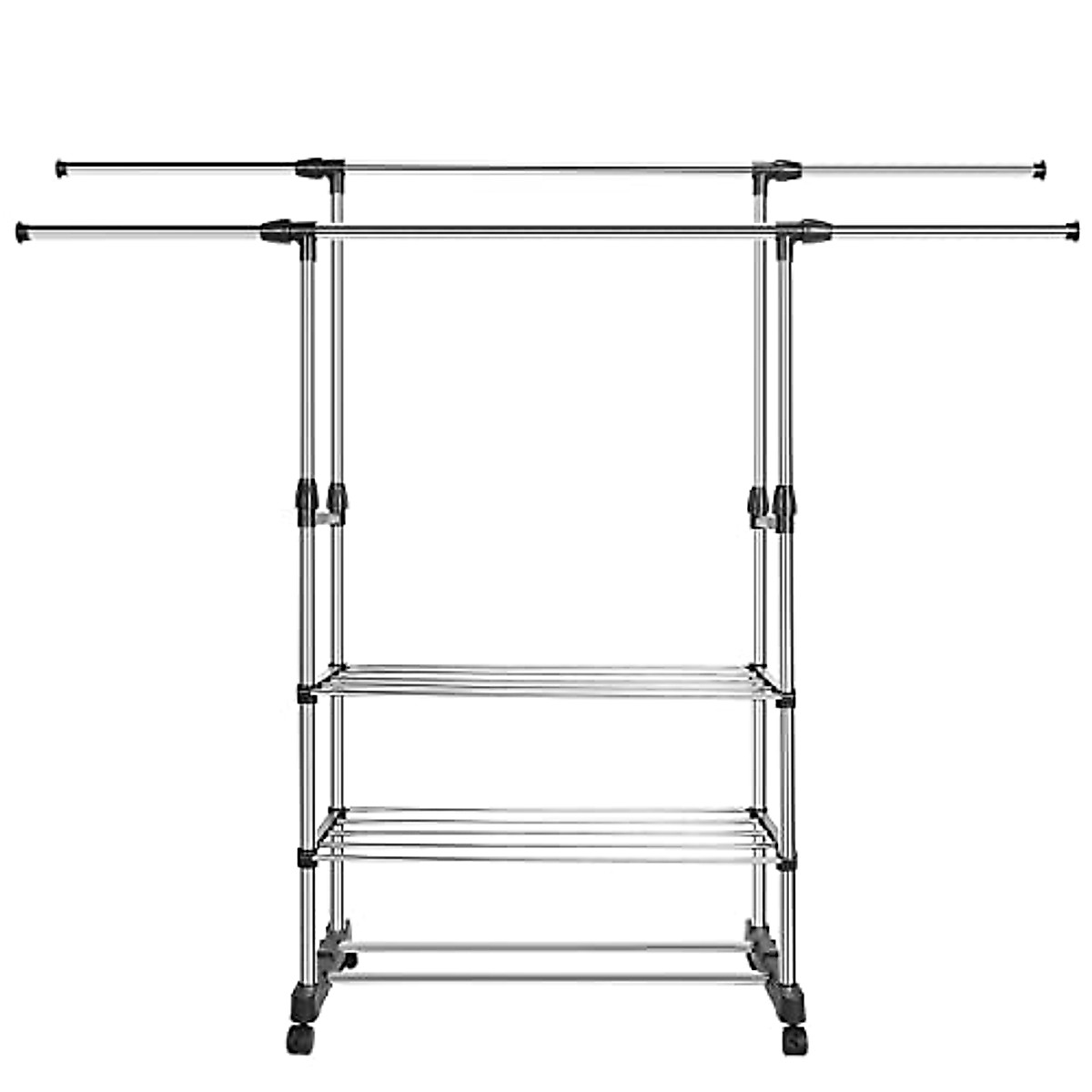 KOCASO Garment Rack with Wheels Double Rod Clothes Rack Clothing Rack with Shelves Rolling Clothes Rack
