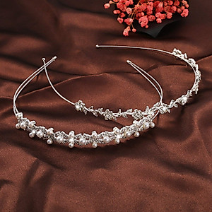 Pangda 2 Pieces Rhinestone Bridal Crystal Women's Headband Wedding Flower Girl Pearl Diamond Slim Thin Silver Flower Leaves Crown Hair Band Accessories Headpiece Tiara for Bride Bridesmaids
