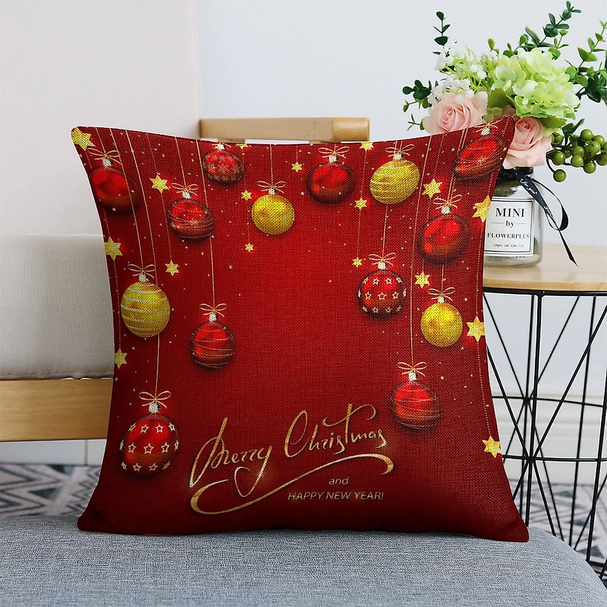 Xmas Ball Baubles Quote Throw Pillow Covers 18×18 Pillowcases Set of 2 Merry Christmas Linen Decorative Square Pillow Case Cushion Covers Standard Size for Sofa Couch Outdoor Bed Pillow Protectors