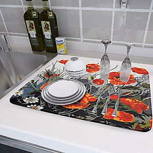 Poppy Dish Drying Mat 18x24 inch for Kitchen Vintage Red Orange Floral Dish Drying Pad Oil Painting Flower Dish Drainer Mats Absorbent Microfiber Protector for Countertop Coffee Bar