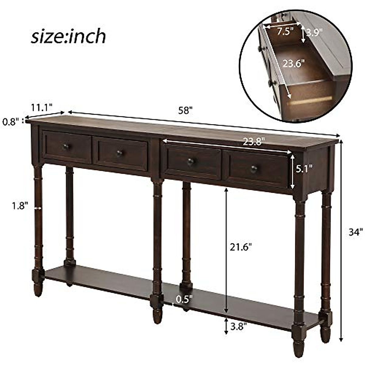 Merax Retro Console Table Sofa Table for Entryway with Drawers and Shelf Living Room Table (Espresso)