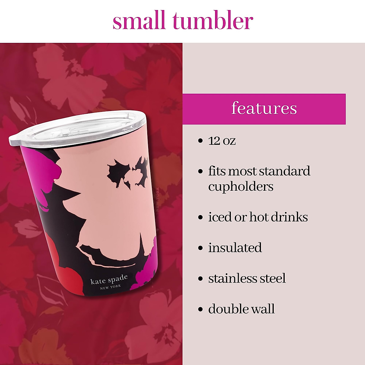 kate spade new york Small Insulated Stainless Steel Tumbler, 12 Ounce Double Wall Travel Coffee Cup with Lid, Painterly Blooms