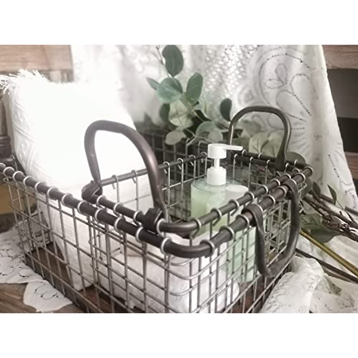 Rectangular Hand Welded Farmhouse Metal Baskets In Set Of 3 with Rustic Wooden Bottom. Large one:16.14"X12.2'X7.08"H, Study and Sutitable For Laundry, Towel, Spice Rack, Storage, Tool Box, Picnic