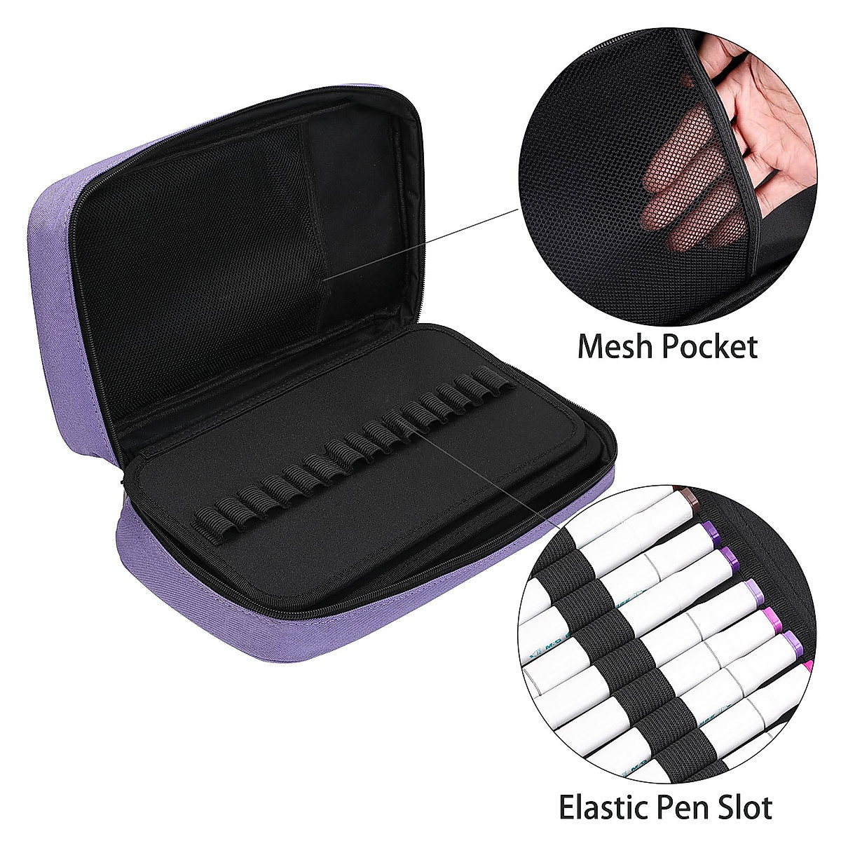 BOMKEE 60 Slots Marker Organizer Case, Large Marker Case for 60 Markers Big Capacity Marker Storage Bag Pen Case Pencil Pouch with Carrying Handle