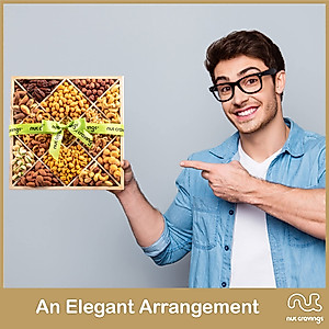 NUT CRAVINGS Gourmet Collection - Purim Mishloach Manot Mixed Nuts Gift Basket in Reusable Diamond Wooden Tray + Green Ribbon (12 Assortments) Arrangement Platter, Healthy Kosher Corporate