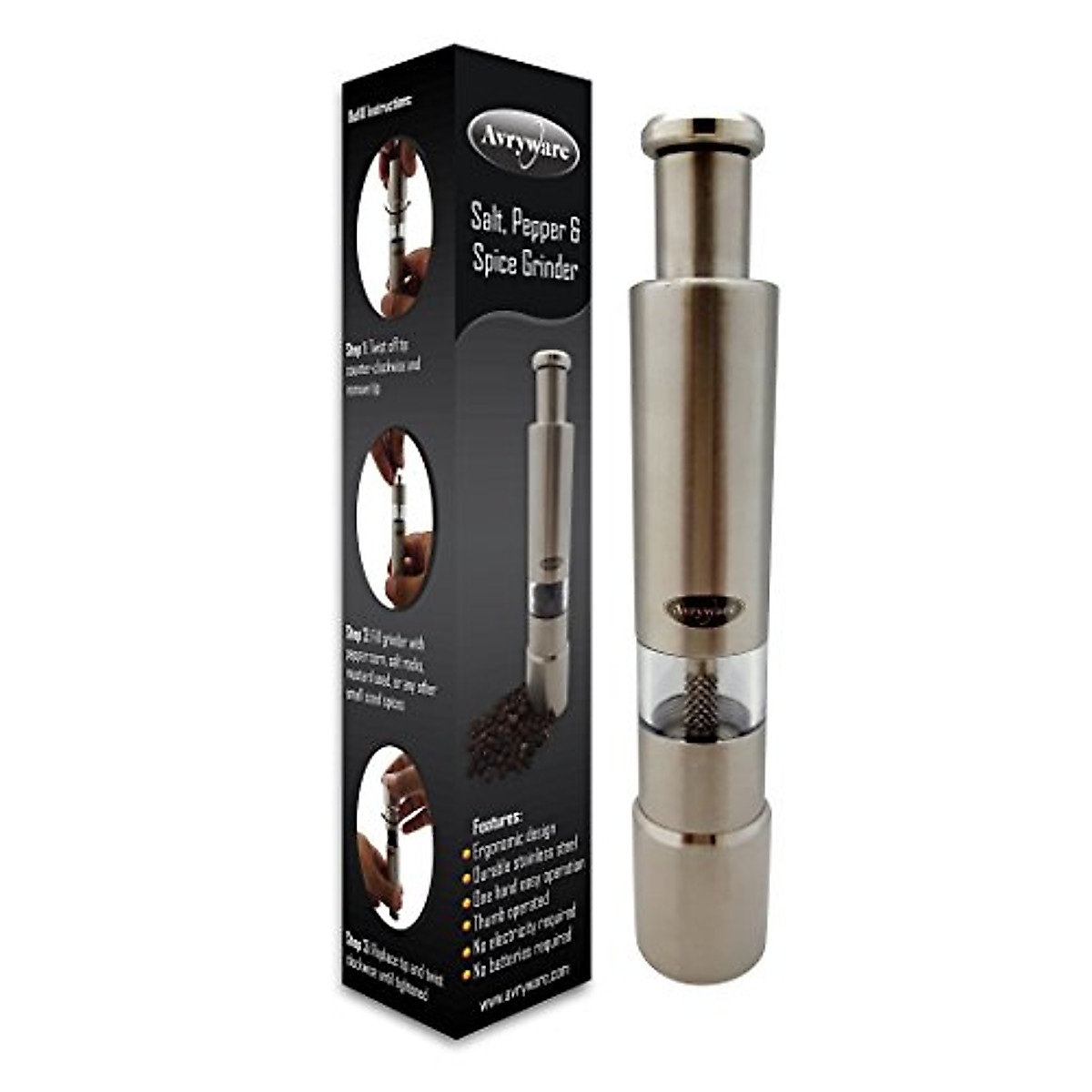 Avryware Stainless Steel Refillable Spice Grinder Mill For Salt, Pepper, and Seasoning - Thumb Operated Push Button For One Hand Grinding