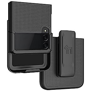 Case with Clip for Galaxy Z Flip 3 5G, Nakedcellphone [Grid Texture] Slim Hard Shell Cover and [Rotating/Ratchet] Belt Hip Holster Holder Combo for Samsung Z Flip3 Phone (SM-F711, 2021) - Black