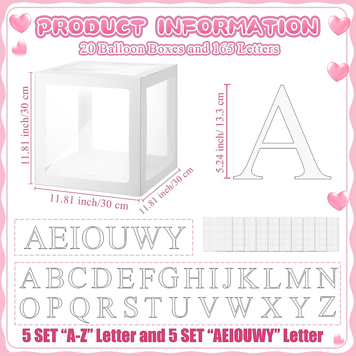 Engrowtic 20 Pcs Transparent Balloon Boxes Baby Boxes with 165 Letters Clear Balloon Box Blocks for Baby Shower Gender Reveal Grad Birthday Party Bridal Wedding Anniversary Backdrop Decoration (White)