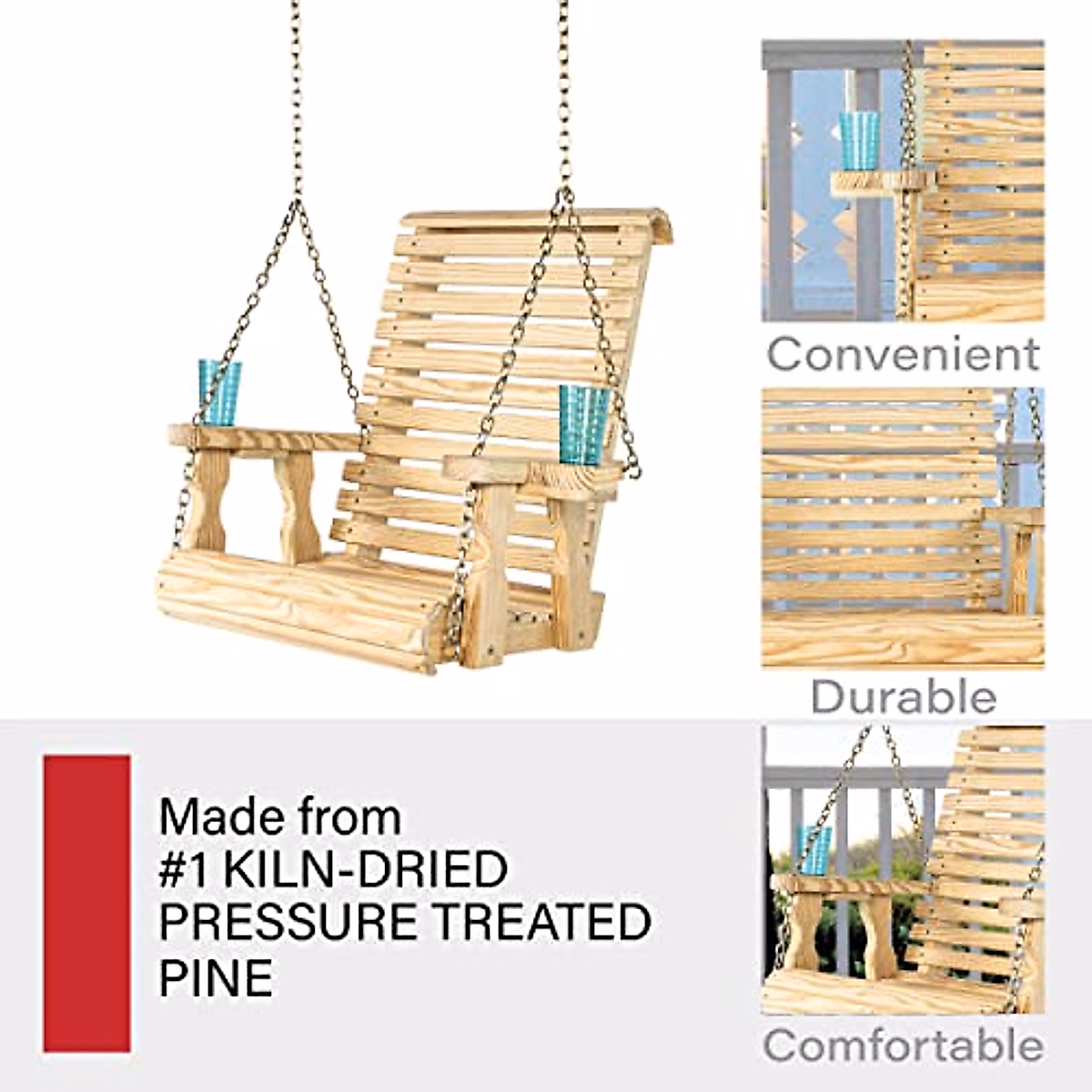 Amish Casual Heavy Duty Roll Back Pressure Treated Swing Chair with Cupholders (Unfinished)