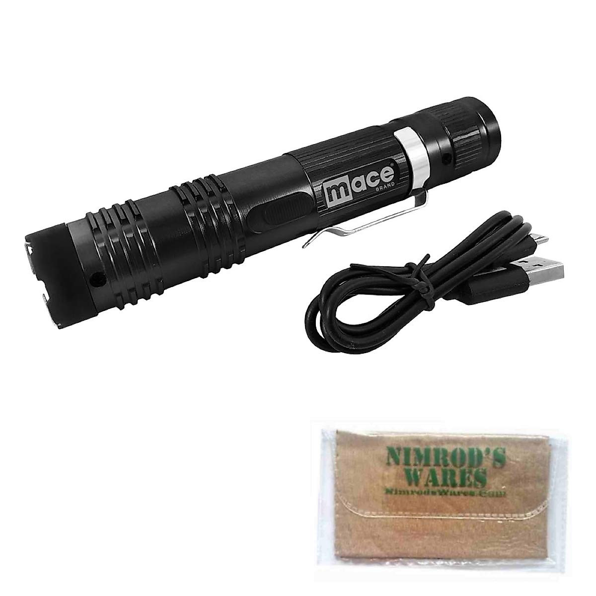 Nimrod's Wares Mace Compact Stun Gun + Flashlight + Clip + USB 80354 Bundle with Microfiber Cloth