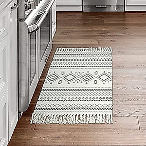 Seavish Cotton Boho Printed Rug Decorative Grey and Cream Bohemia Kilim Rug 2x3 Hand Woven Rag Rug Entryway Thin Throw Rug for Laundry Room Living Room Dorm Bedroom