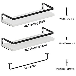 RichFire Floating Shelves Set of 2, Wall Shelves for Bathroom, Kitchen, Bedroom& Living Room, White Shelves for Wall Decor， Bathroom Shelves, Wall Shelves with Towel Bar