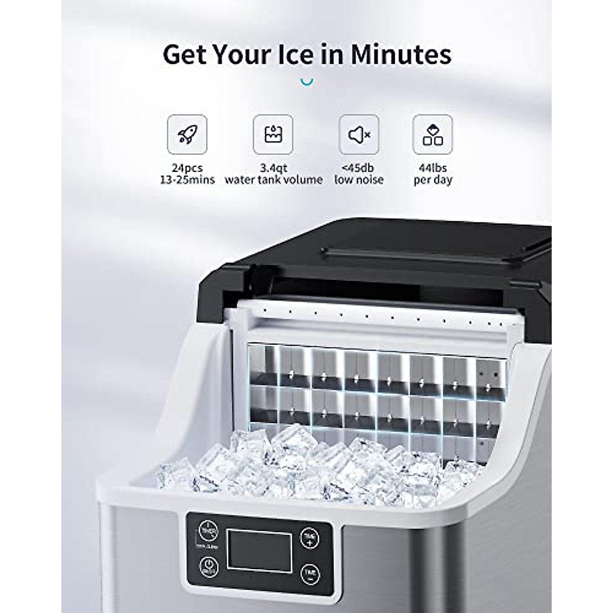 ecozy Portable Ice Makers Countertop, 44lbs Per Day, 24 Cubes Ready in 13 Mins, 2 Ways to Add Water, Self-Cleaning Ice Maker with Ice Bags/Ice Scoop/Ice Basket for Home Office Bar Party, Silver