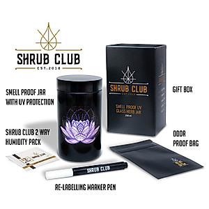 Shrub Club Smellproof Jar - Includes Airtight Black Glass Herb Storage Jar with Marker, Odor-Proof Bag & Humidity Pack (Lotus 250ml)