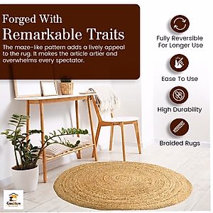 GRUHUM Handwoven 6ft Jute Area Rug Natural Fiber Round Boho Farmhouse Rustic Vintage Soft Braided Reversible EcoFriendly Rugs for Indoor EcoFriendly Kitchen Bedroom Living Room Hallways (6' ft Round)