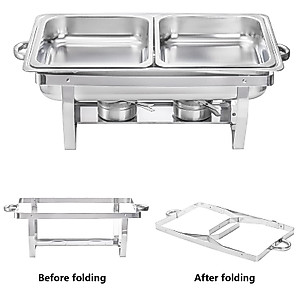 Fasmov Chafing Dish Buffet Set, 8 Quart Stainless Steel Catering Serve Chafer, Restaurant Food Warmer, Rectangular Buffet Stove with 2 Half Size Food Pans and Folding Frame