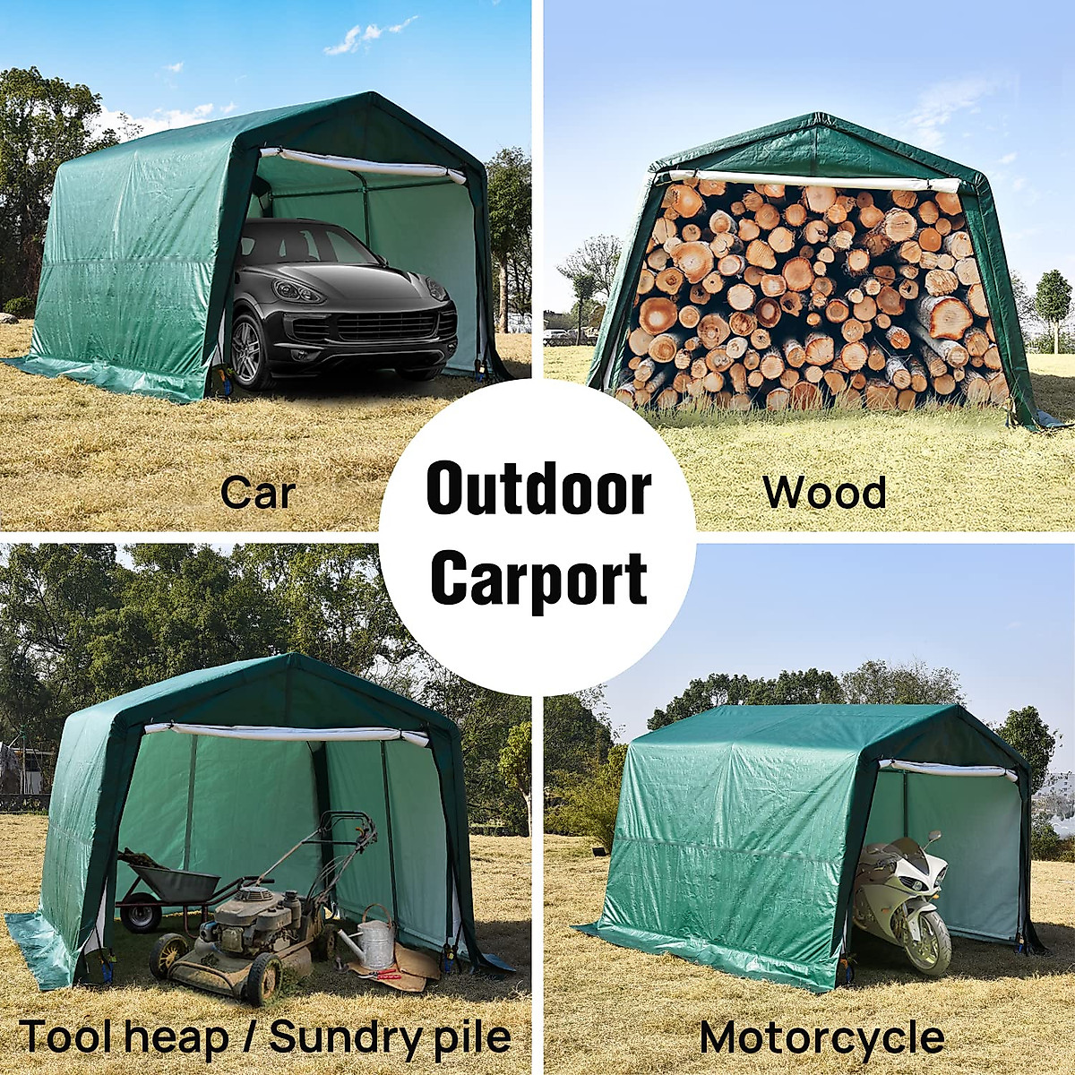 Wonline Carport Auto Shelter 10x10x8ft Portable Outdoor Car Garage Storage Shed Canopy for Cars Green