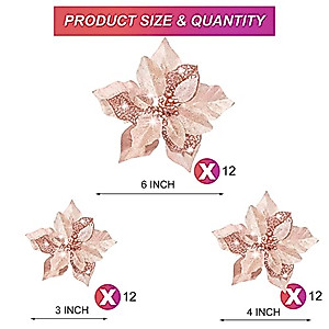 36 Pieces Christmas Glitter Poinsettia Faux Flowers Christmas Flowers Decorations Wedding Xmas Tree New Year Ornaments (Rose Gold)