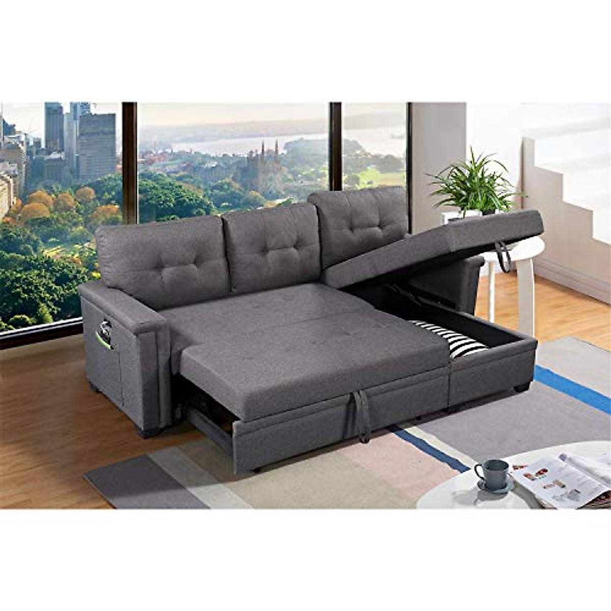 Lilola Home Ashlyn Dark Gray Reversible Sleeper Sectional Sofa with Storage Chaise, USB Charging Ports and Pocket