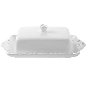 MyGift Vintage French Country Style White Ceramic Large Butter Dish Tray with Tulip Handle Top Lid, Kitchen Countertop Bi-Coastal Butter Keeper with Cover, Holds 2 Sticks