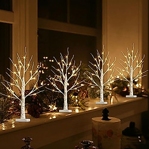 PEIDUO Christmas Tree, Christmas Table Decorations, 2FT Birch Tree with LED Lights, Warm White Tree Lamp, Fairy Light Spirit Tree for Xmas Room Inside Mantel Decor, Battery Powered, 6H/18H Timer (4PK)