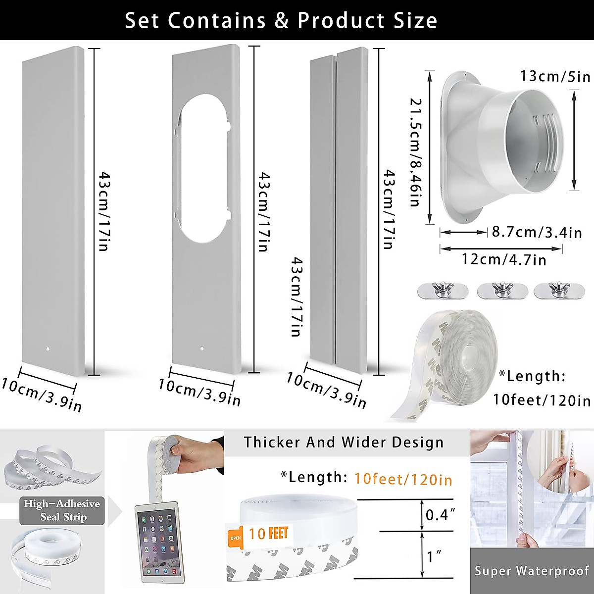 YUESUO Portable AC Window Vent Kit with Hose, 3Pcs Window Slide Kit Plate + 5'' Window Adapter Tube Connector + 5" Exhaust Hose (9 Pack)