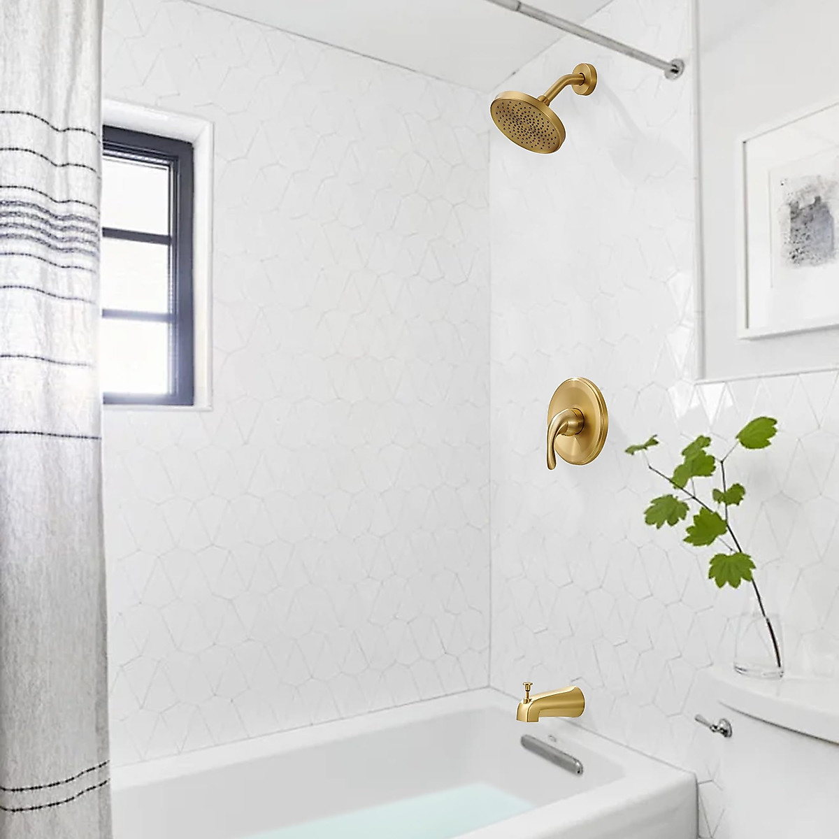 FROPO Brushed Gold Shower Tub Faucet Set With Valve - Gold Shower Head and Handle Set, Shower Faucet Set With 6 Inch Rain shower Head and Tub Spout, High-Pressure Tub Shower Trim Kit