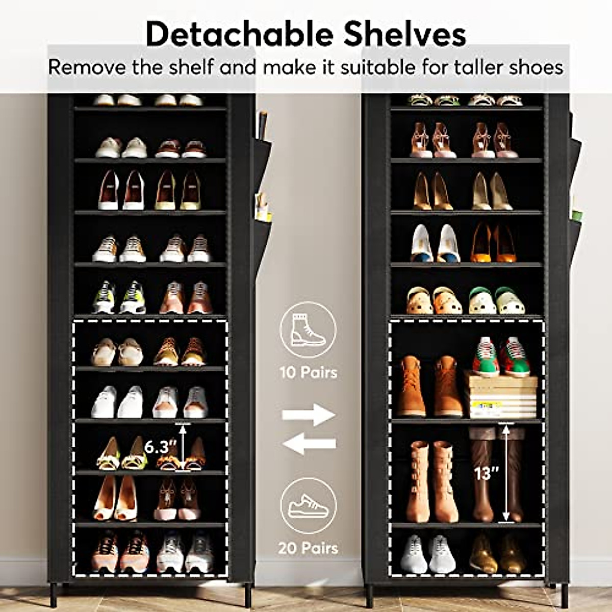 Tribesigns Narrow Shoe Rack 10 Tiers Vertical Tall Shoes Rack for Closet Entryway, 20 Pairs Metal Shoes Organizer Storage Shelf with Nonwoven Fabric Dustproof Cover for Boots High Heels