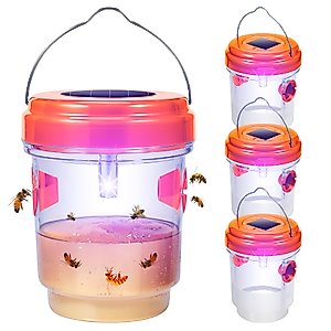 2024 Upgrade Wasp Traps Outdoor Hanging,Solar Powered LED Bee Traps for Outside Wasp Deterrent Killer Carpenter Bee Catchers for Outside,Flying Insect Trap Reusable Yellow Jacket Hornet Catcher,4 Pack