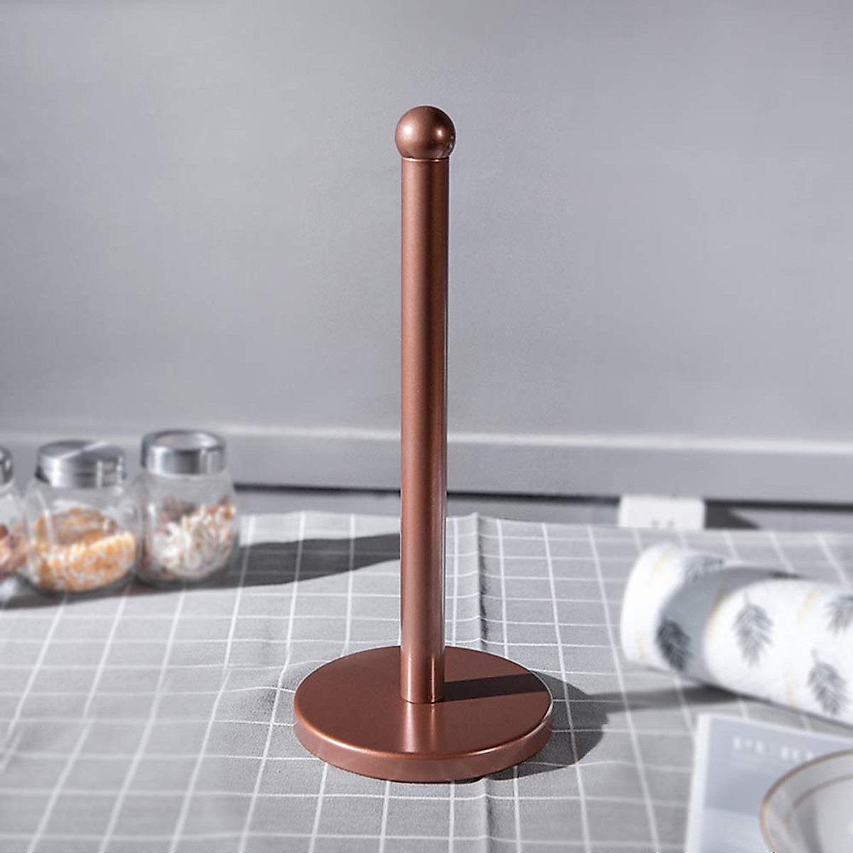 Mornenjoy Modern Stand Up Paper Towel Holder,Single Tear Papertowel Roll Stand with Stable Wide Base,Paper Towel Dispenser for Kitchen Countertop/Dinner Table/Bathroom (Round Head,Copper)