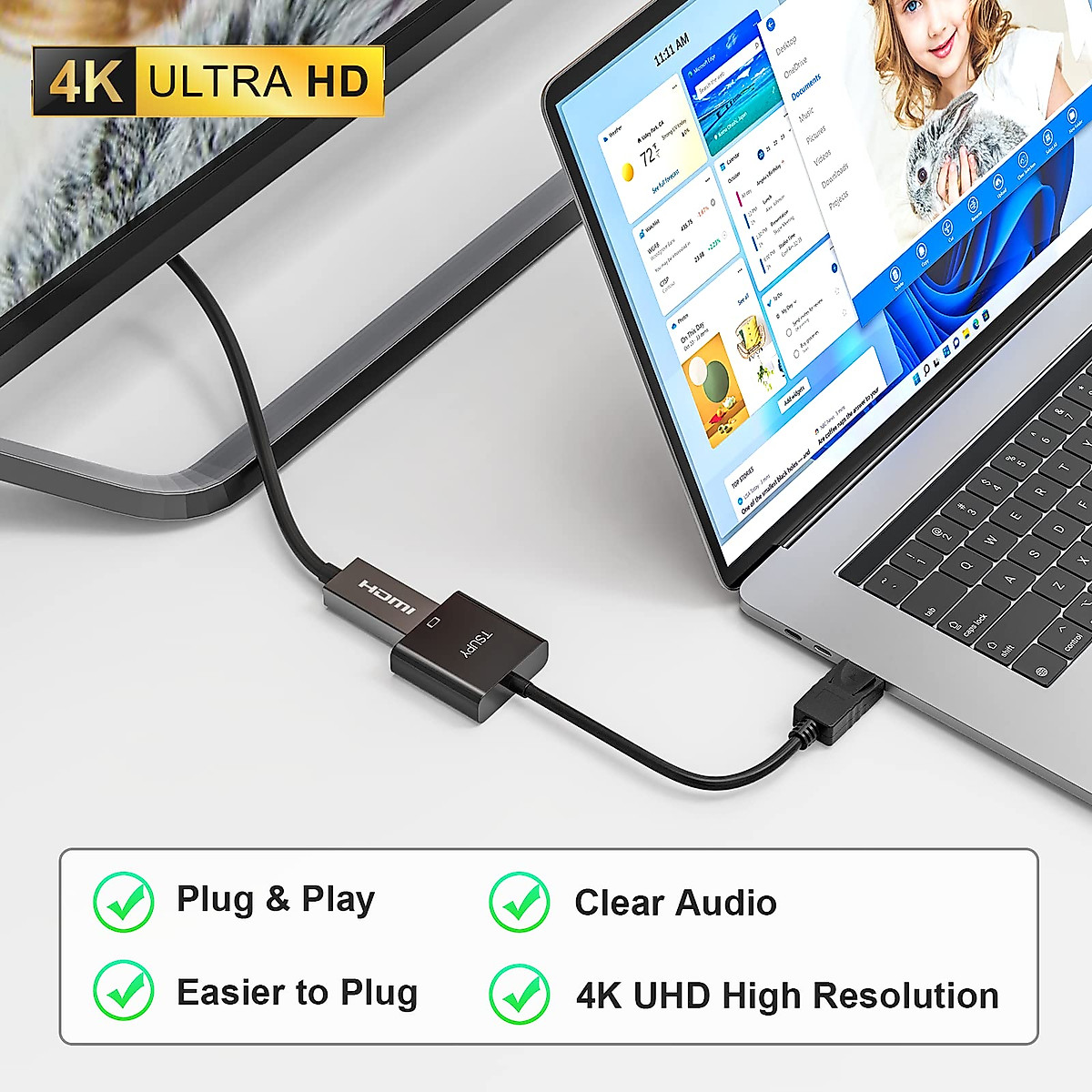 TSUPY 𝐃𝐢𝐬𝐩𝐥𝐚𝐲𝐏𝐨𝐫𝐭 to HDMI Adapter Converter 4K UHD, DP (Source) to HDMI (Monitor) Cable Gold Plated Converter Displaylink Cord Compatible for PC, Projector, HDTV and More Display Devices